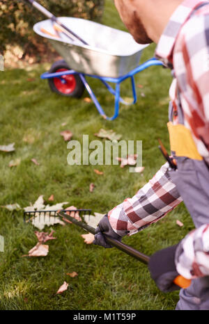 Gardener person man sweeping raking collecting fallen leaves using a ...