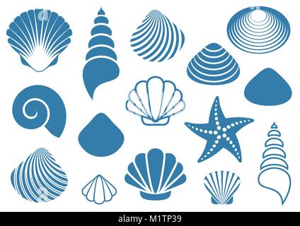 Set various blue sea shells and starfish isolated on white background ...