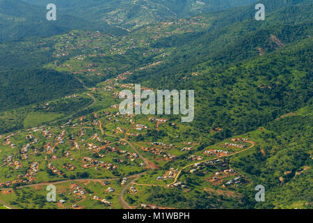 Flying birds-eye view rural South-Africa Inanda Inchanga valleys ...