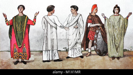 Clothing, fashion in early Christian times, 300-600 AC, from the left ...