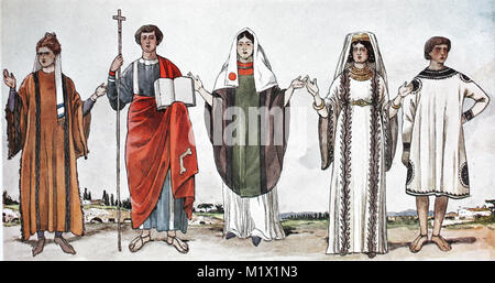 Clothing, fashion in early Christian times, 300-600 AC, from the left ...
