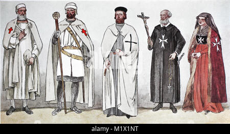 German knights in armor from 1300, 1315 and 1360. Hand-colored print ...