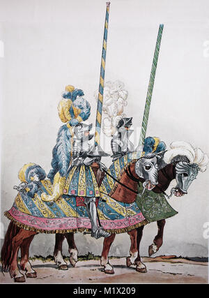 German knights in armor from 1300, 1315 and 1360. Hand-colored print ...