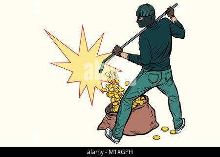 Bank robbery. Stealing cash. Criminal wearing mask running away with ...