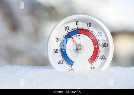 Thermometer with celsius scale placed in a fresh snow showing sub-zero ...