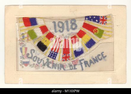 WW1 era embroidered silk postcard - To my dear cousin, 18 Dec 1916, posted from France Stock ...