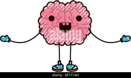 brain cartoon in standing position with open arms and concentrated ...