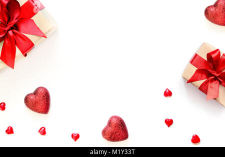 St. Valentine card concept with heart shaped decor on wooden background ...