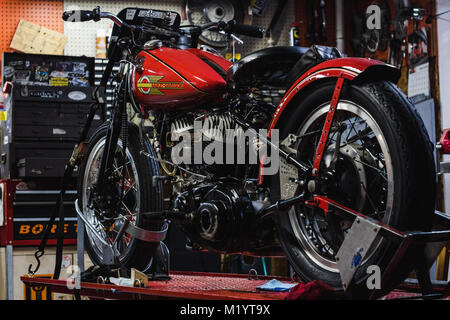 inside a motorcycle garage that builds vintage harleys Stock Photo - Alamy