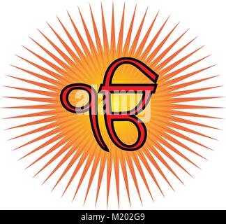 One of the main symbols of Sikhism – sign Ek Onkar. Gradient blue rays ...