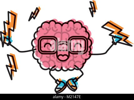 brain cartoon with glasses jumping for joy in colorful silhouette with ...