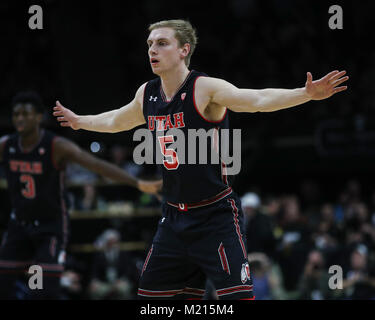 Boulder. 2nd Feb, 2018. Utah's Tyler Rawson drives the lane against ...