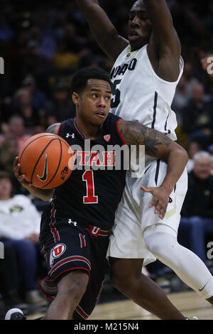 Boulder. 2nd Feb, 2018. Utah's Donnie Tillman has his shot blocked by ...