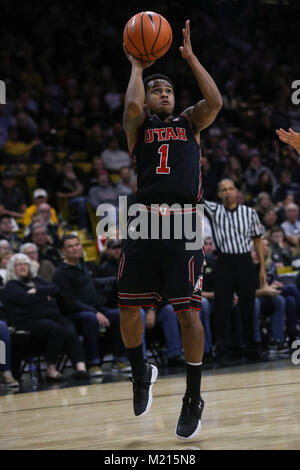 Boulder. 2nd Feb, 2018. Utah's Donnie Tillman has his shot blocked by ...