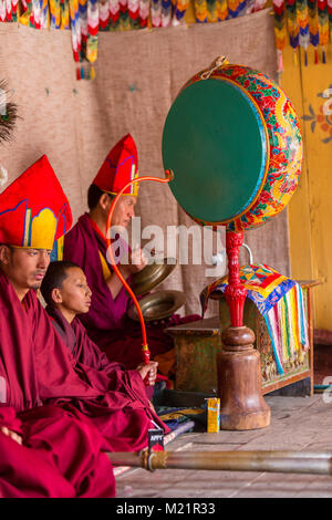 Prakhar Lhakhang, Bumthang, Bhutan. Bhuddist Monks Playing Cymbals and ...