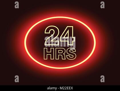 Open sign 24 7 hours. Neon light round the clock store frame on brick ...