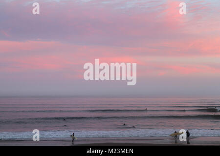 Surfers at sunset on Cowell's Beach, Santa Cruz Wharf in the background ...