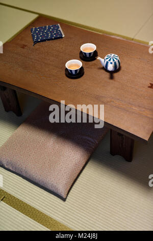 Japanese tea table, Chabudai with a teapot and two cups, Zabuton ...