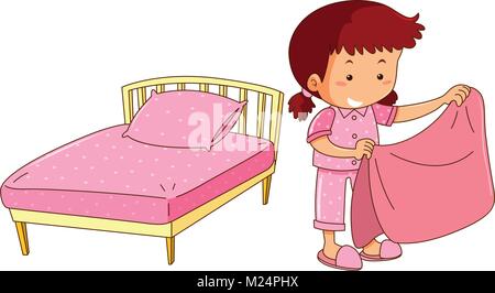 Little girl making bed illustration Stock Vector Image & Art - Alamy