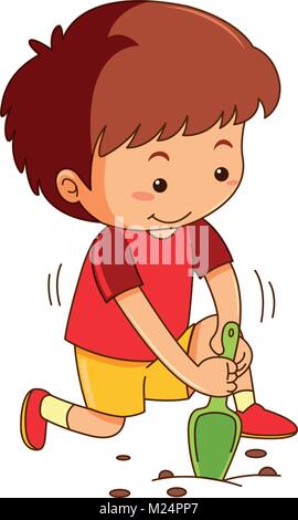 Little boy digging hole with garden spoon illustration Stock Vector ...
