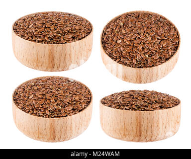 Flax seeds in wooden bowl and wooden spoon on light textured background, top view, shallow depth ...