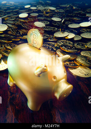 Piggy bank with golden bitcoin coin. Business idea of the year, wealth ...