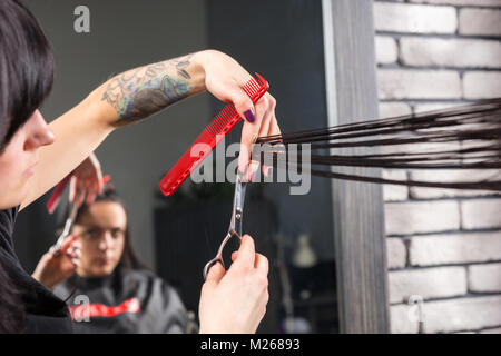 Female hairdresser cutting and modeling brown hair by scissors and comb ...