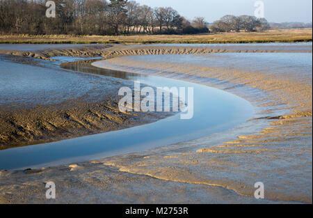Drainage channels in the estuary mud at low tide, looking across the ...