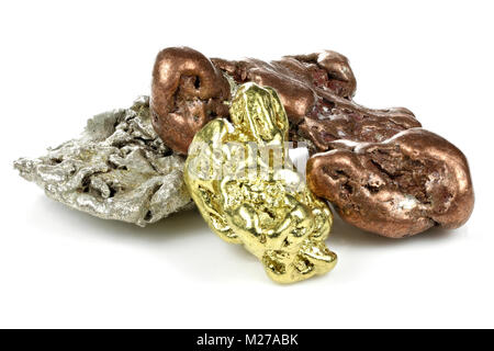native gold, silver and copper nuggets isolated on white background ...