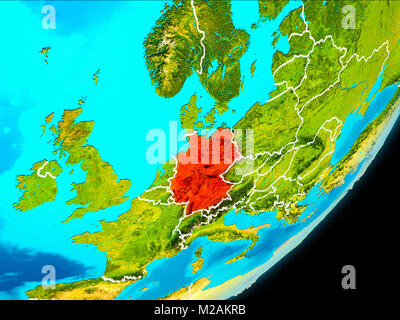 Map of Germany in red as seen from space on planet Earth at night with ...