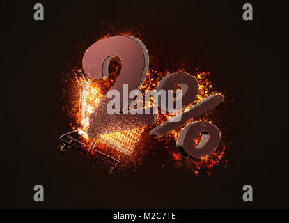 Burning shopping cart and red two percent discount sign. 3D ...