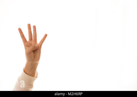 Japanese hand gesture: Number four on white isolated background Stock ...