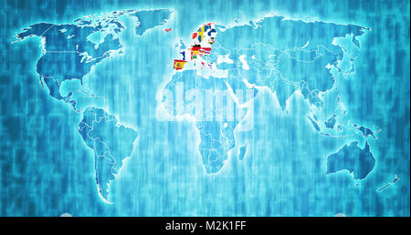 Schengen Area member countries flags on world map with national borders ...