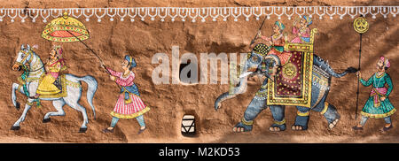 India, Rajasthan, Udaipur, Rajasthani Folk Art, wall painting of Rajput ...