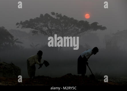 Yangon, Myanmar. 8th Feb, 2018. Laborers work at a brick factory on the ...