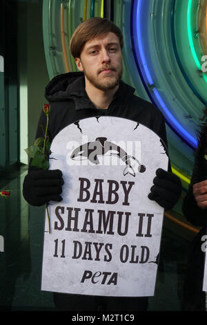 London, UK. 8 February, 2018. PETA activist protest during Thomas Cook ...