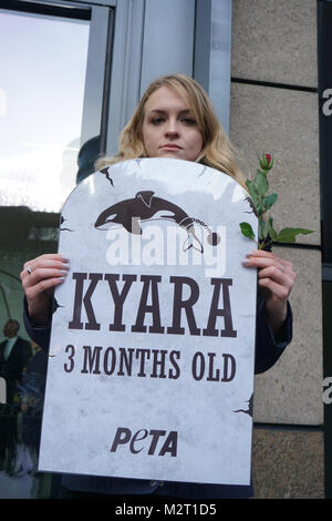 London, UK. 8 February, 2018. PETA activist protest during Thomas Cook ...