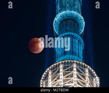 A total lunar eclipse is seen above Tokyo Skytree in Sumida Ward, Tokyo ...