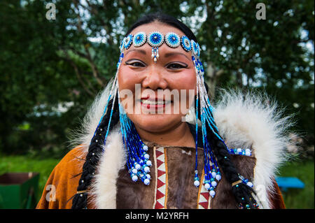 Traditional dressed Koryak woman, native people of Kamchatka, Esso ...