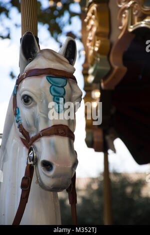Close-up of a painted carousel horse on a vintage merry-go-round ...