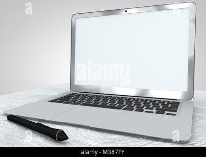 Graphics tablet with pen on wooden desk Stock Photo - Alamy