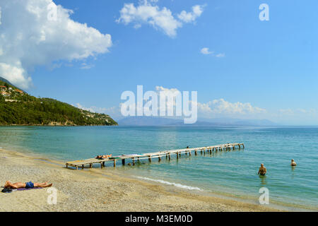 Ipsos Beach pier in Corfu a Greek island in the Ionian sea Stock Photo ...