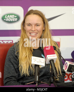 Caroline Wozniacki of Denmark attends a press conference after ...