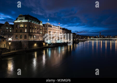 Basel switzerland at night, view from middle bridge to the historical ...