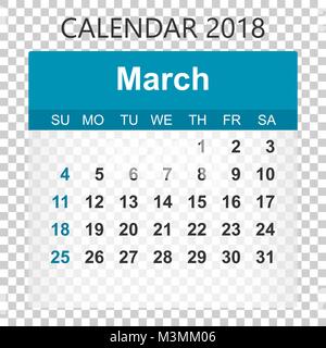 March 2018 calendar. Calendar sticker design template. Week starts on ...