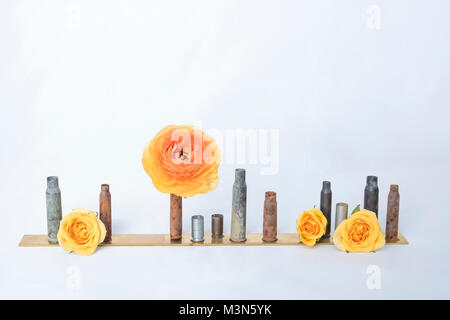 Row of Rusted Antique Bullet Shells Casings Hold Flowers and One Red ...