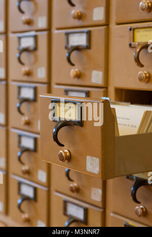 A library card catalog file contains information on library assets ...