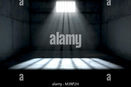A jail cell interior with a barred up window and light rays penetrating through it casting an ...