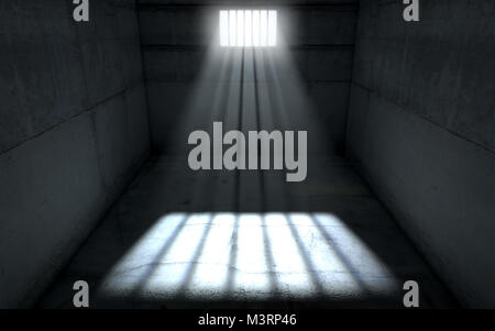 A jail cell interior with a barred up window and light rays penetrating through it casting an ...