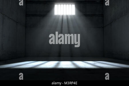 A jail cell interior with a barred up window and light rays penetrating through it casting an ...